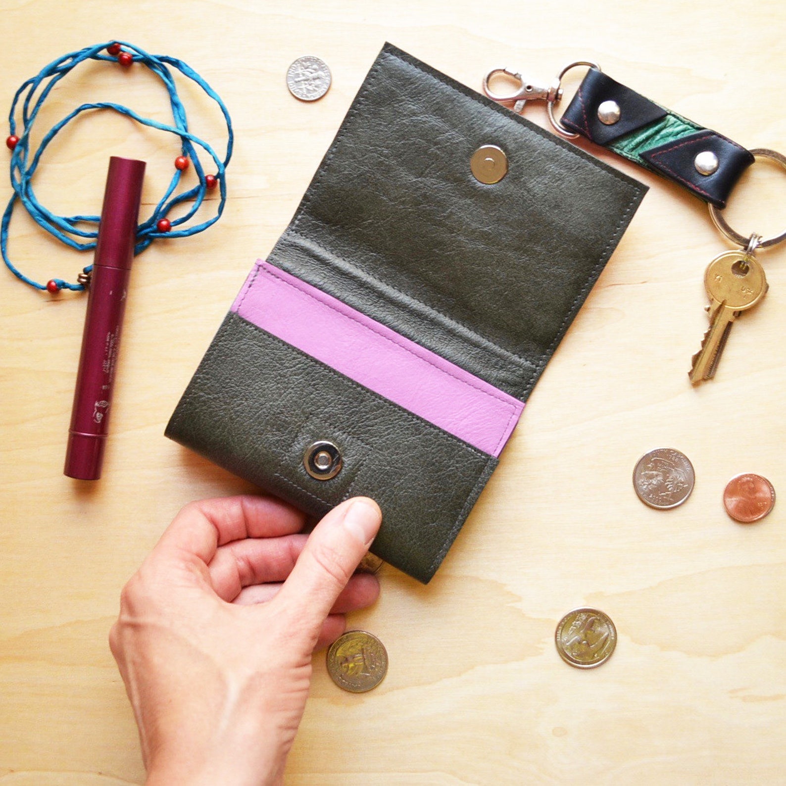 Womens Pink Leather Wallet with Coin Pocket Unique Gift Idea | Etsy