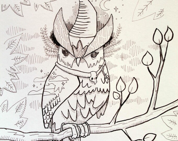 Horned Owl Familiar - Original Ink Drawing Art on Bristol Board by ...