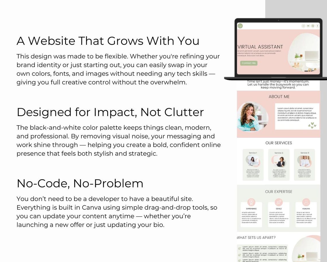 Virtual Assistant Canva Website Template | Pink & Green Editable Layout ...
