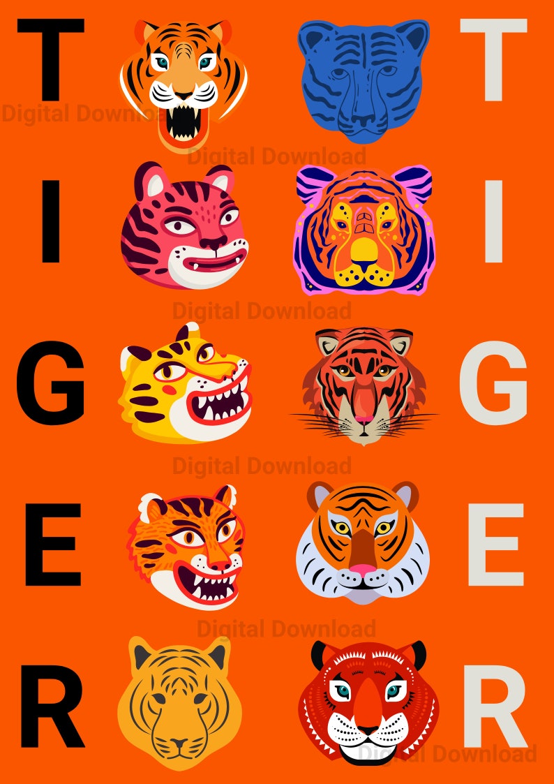 Portrait Tiger Heads Poster Wild Tiger Korean Wild Cat Poster Printable ...
