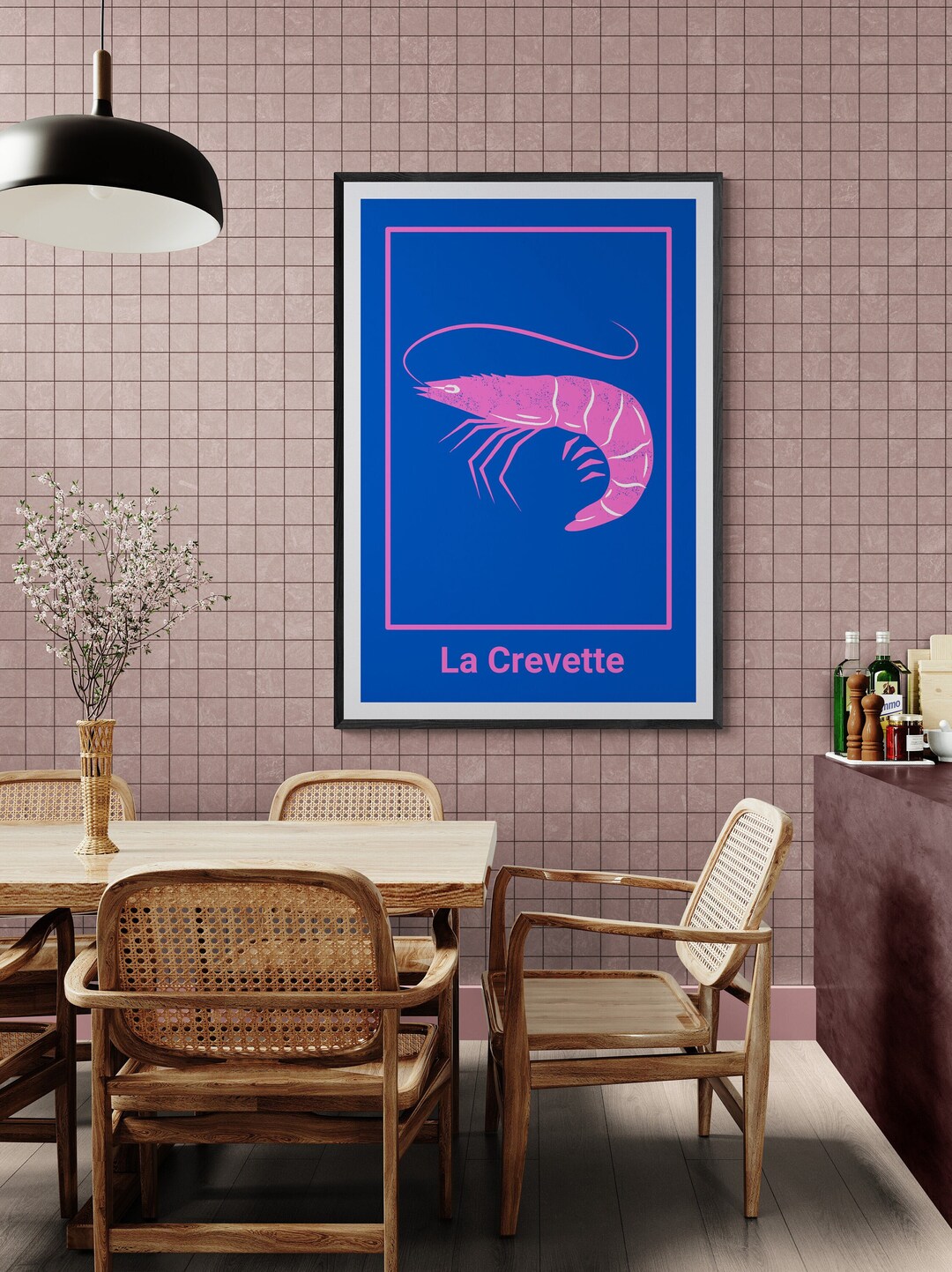 Ocean Minimalist Pink Shrimp Digital Print Kitchen Decor Food Poster ...