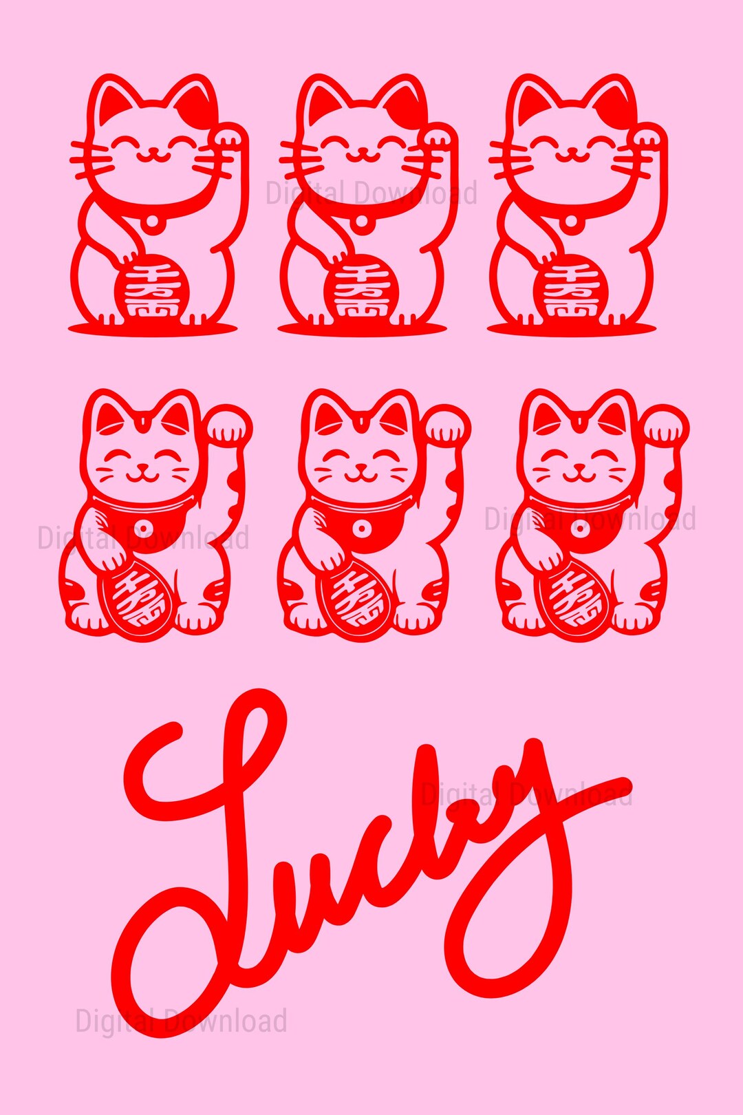 Stylized Maneki Neko Poster: 6 Red Lucky Cats Print | Japanese Fortune ...