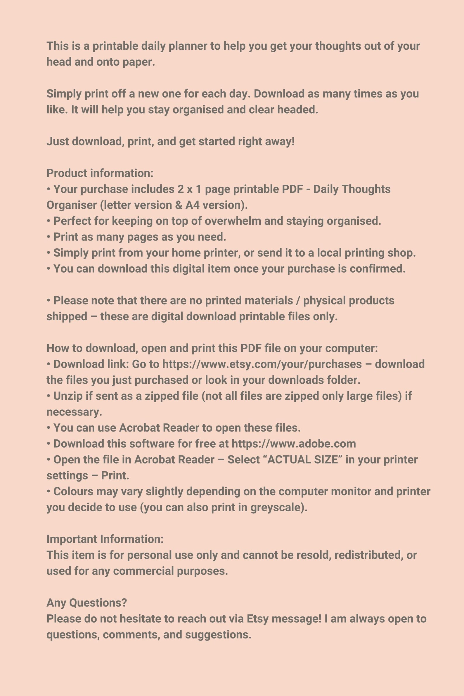 Instant Daily Thoughts Planner Printable PDF for Day Organization - Etsy