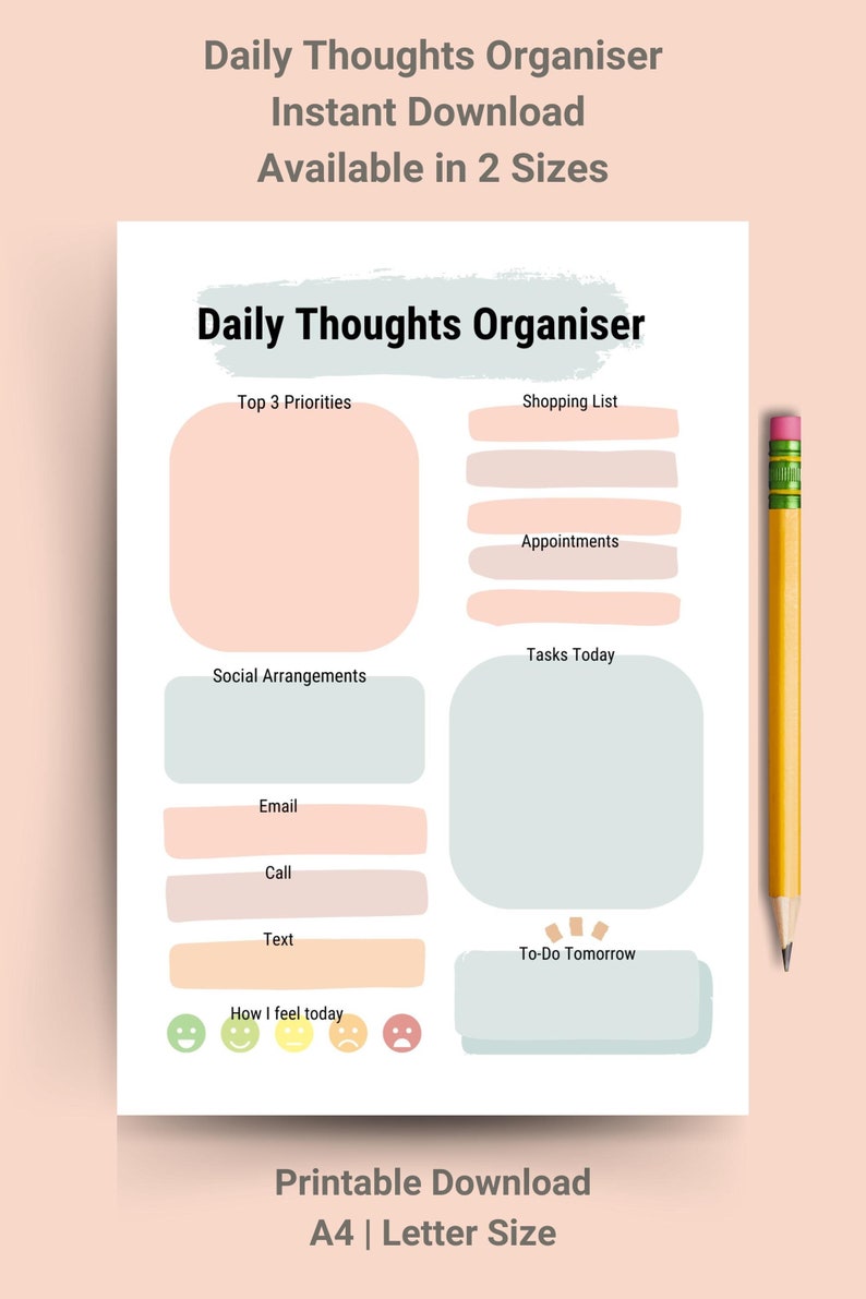 Instant Daily Thoughts Planner Printable PDF for Day Organization - Etsy
