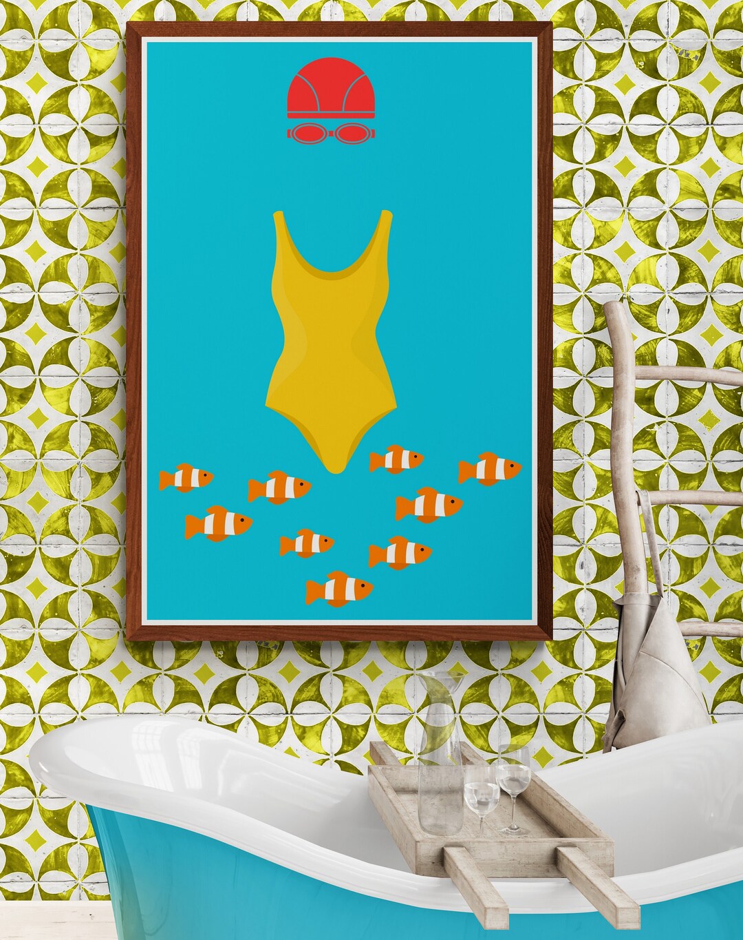 Quirky Yellow Swimsuit Digital Poster With Red Swim Cap and Gold Fish ...