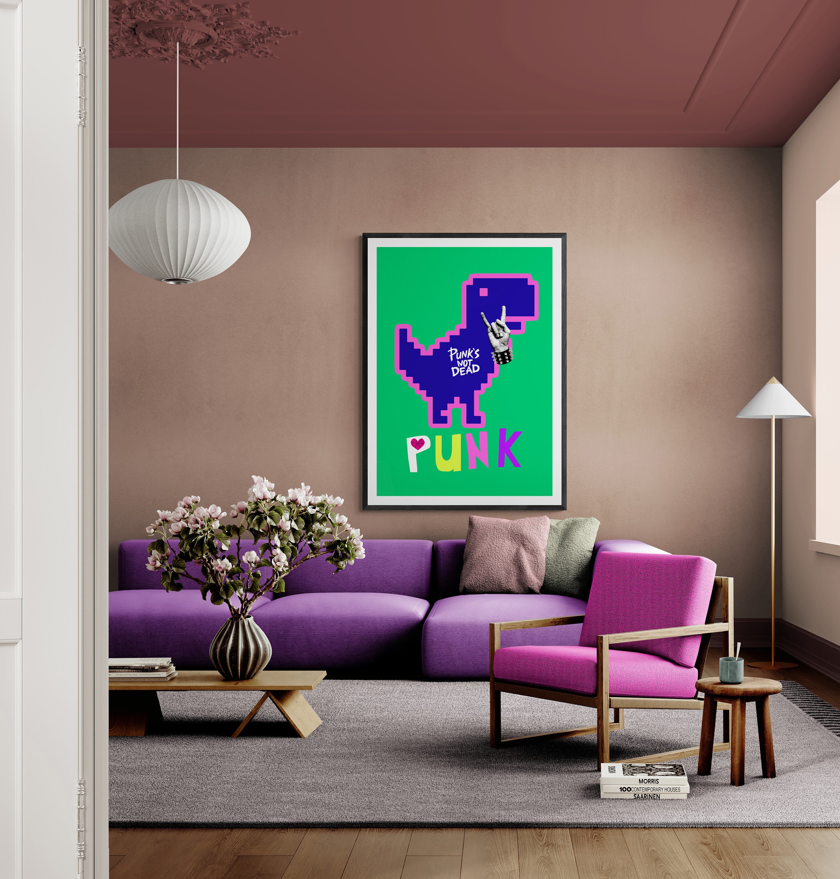 Dinosaur Punk Rock Art Printable for Home Office, Digital Download Gift ...