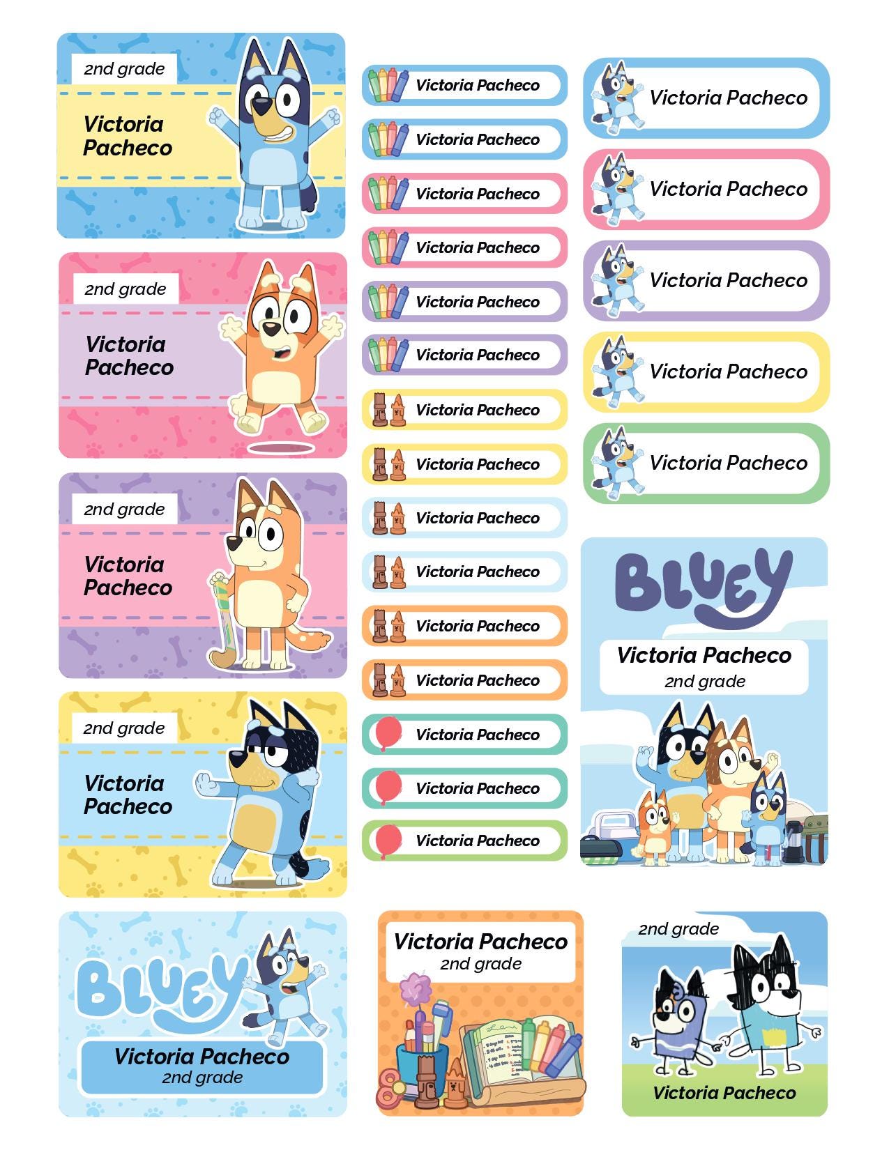 Bluey Personalized Name Labels for Kids - Stickers UV Dtf Printing for ...