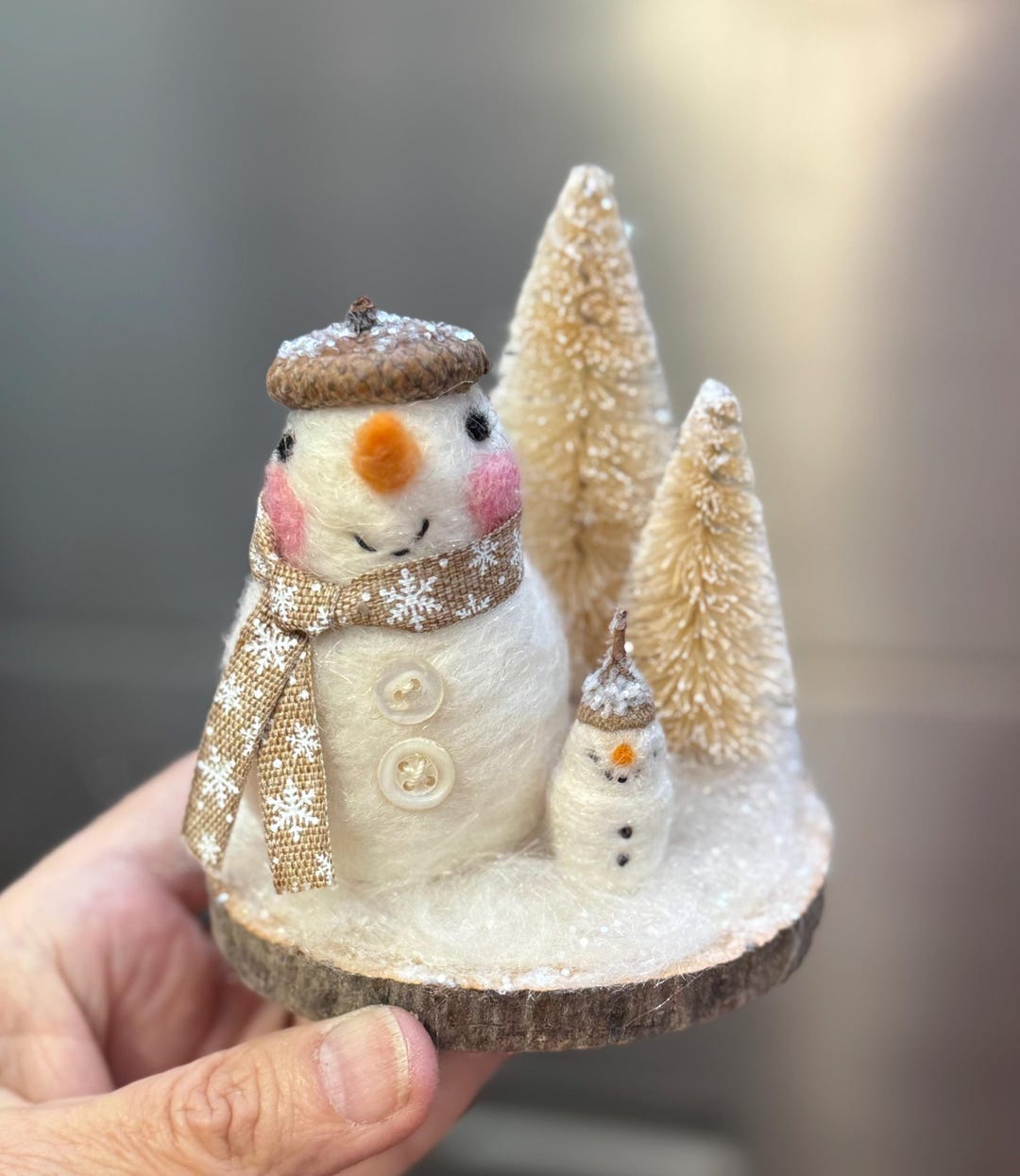 Woodland Needle Felted Sparkle Snow Friend on Snowy Wood Slice Stand ...