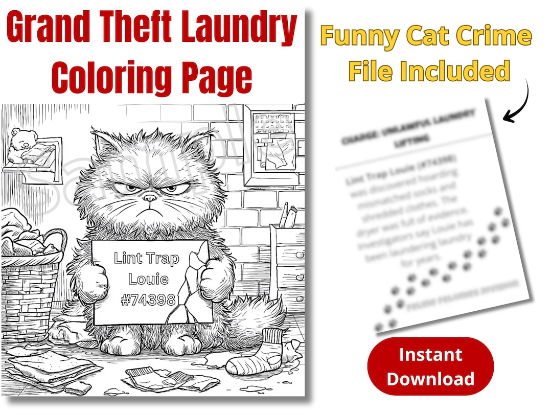 Funny Cat Mugshot Coloring Page | Grand Theft Laundry (PDF) - Etsy