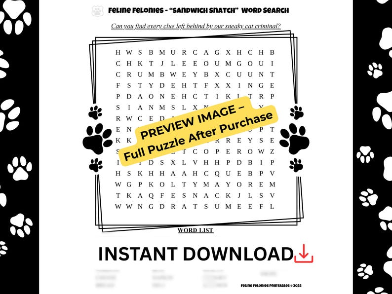 Sandwich Snatch Cat Word Search Puzzle: Funny Food Game (printable PDF ...