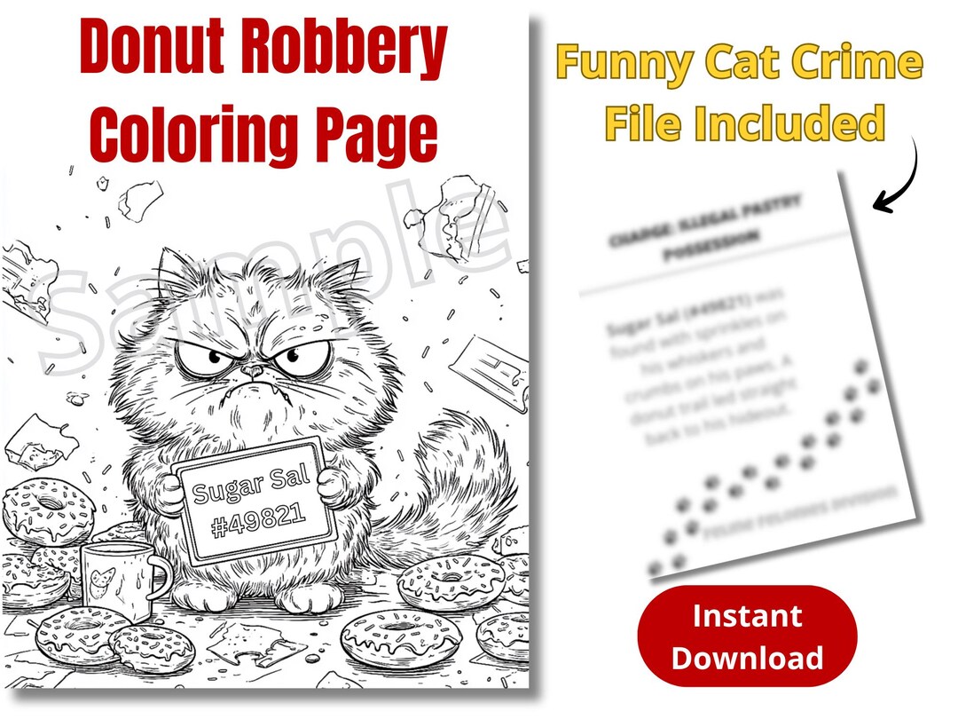 Donut Robbery Cat Mugshot Coloring Page | Funny Crime File (PDF) - Etsy