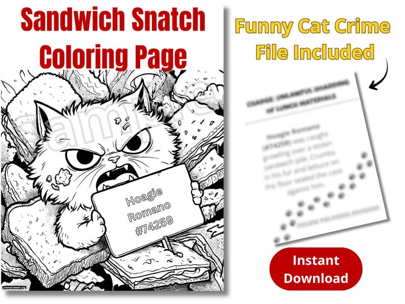 Funny Cat Mugshot Coloring Page – Sandwich Snatch (hoagie Romano ...