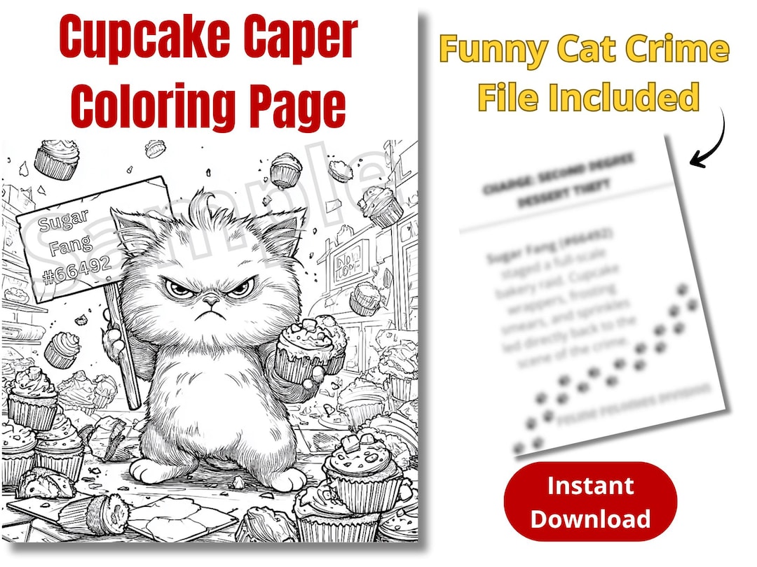 Funny Cat Coloring Page | Cupcake Caper Mugshot | Dessert-themed ...