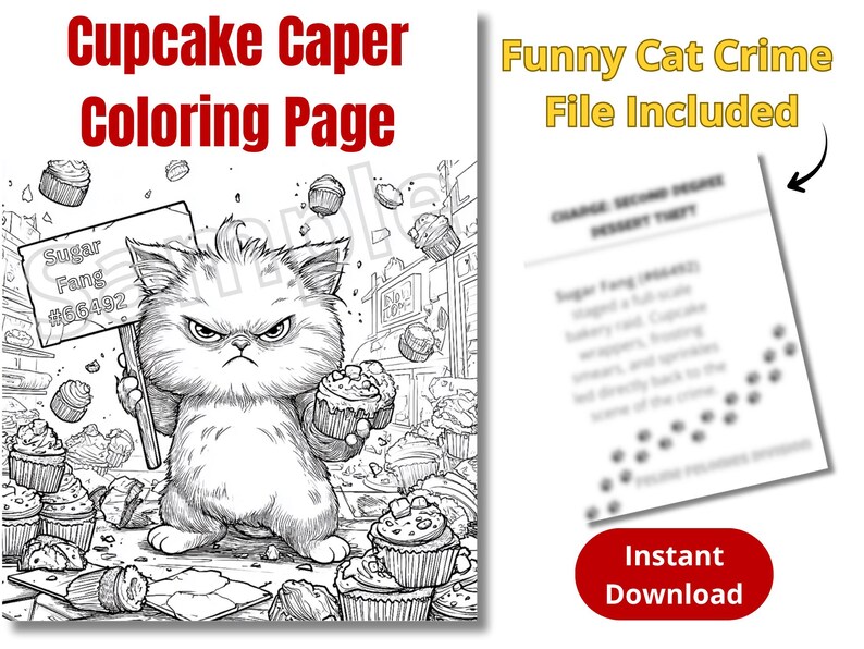 Funny Cat Coloring Page | Cupcake Caper Mugshot | Dessert-themed ...