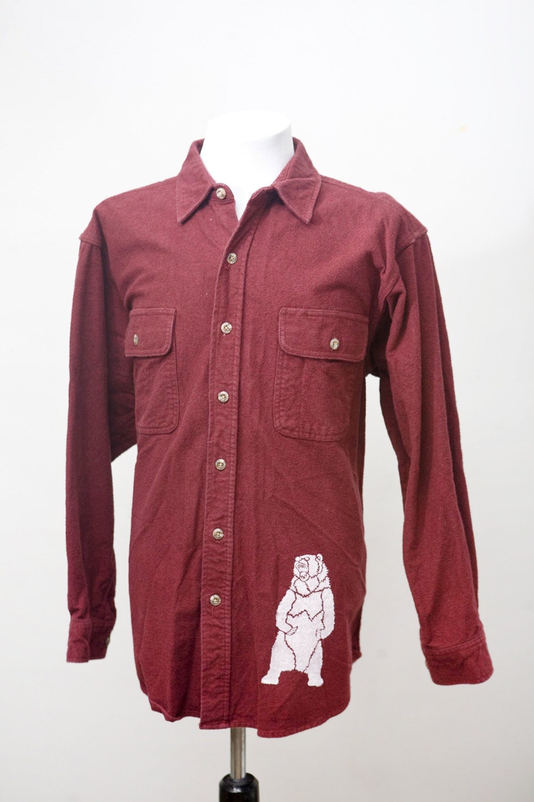 Men's Large Upcycled Flannel Shirt With Screen Printed Grizzly Bear - Etsy