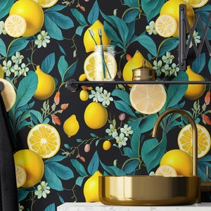 Lemon Garden Wallpaper – Bold Citrus Wall Mural With Dark Background ...