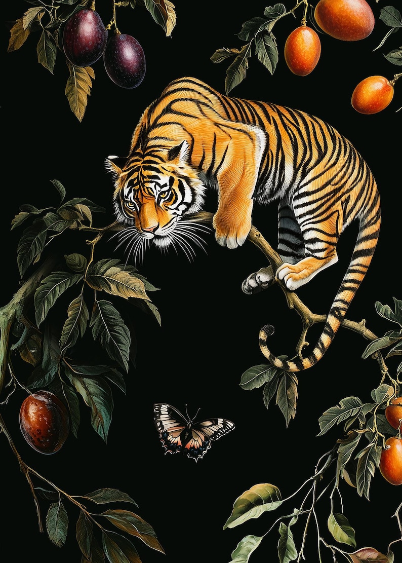 Dark Botanical Tigers and Monkeys Wallpaper, Exotic Tropical Jungle ...