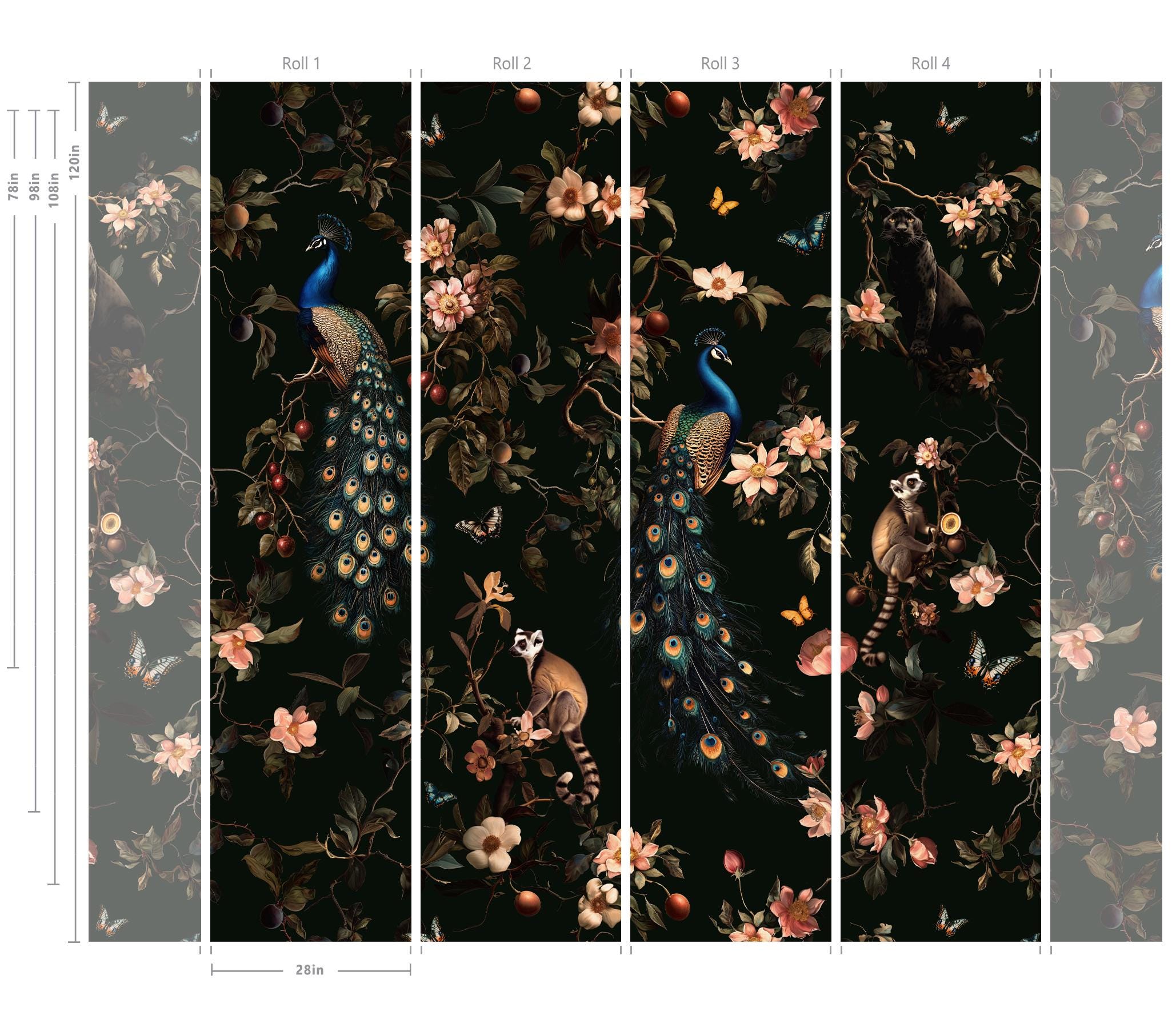 Dark Botanical Peacock and Monkey Wallpaper, Exotic Tropical Jungle ...