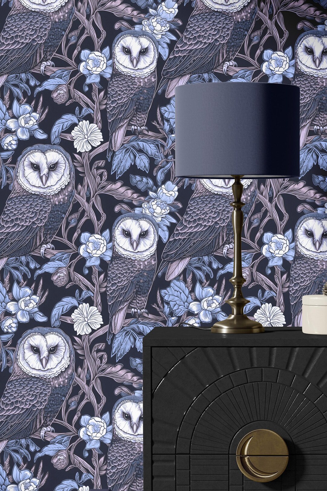 Midnight Owls Wallpaper: Dark Blue Woodland Accent Wall - Removable or ...