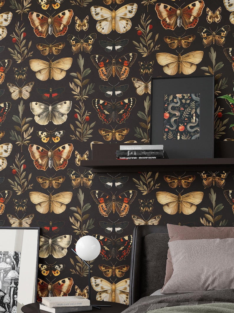 Gothic Butterfly Wallpaper: Dark Botanical Moth Wall Mural (peel and ...