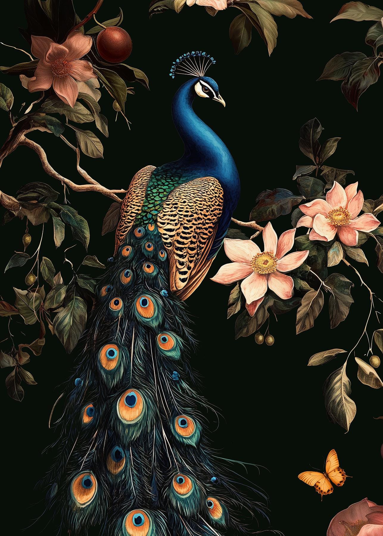 Dark Botanical Peacock and Monkey Wallpaper, Exotic Tropical Jungle ...