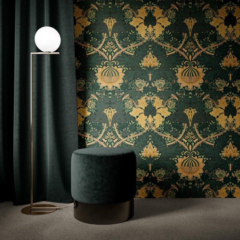 Antique Floral Damask Wallpaper | Dark Green & Gold Vintage Wall Mural ...