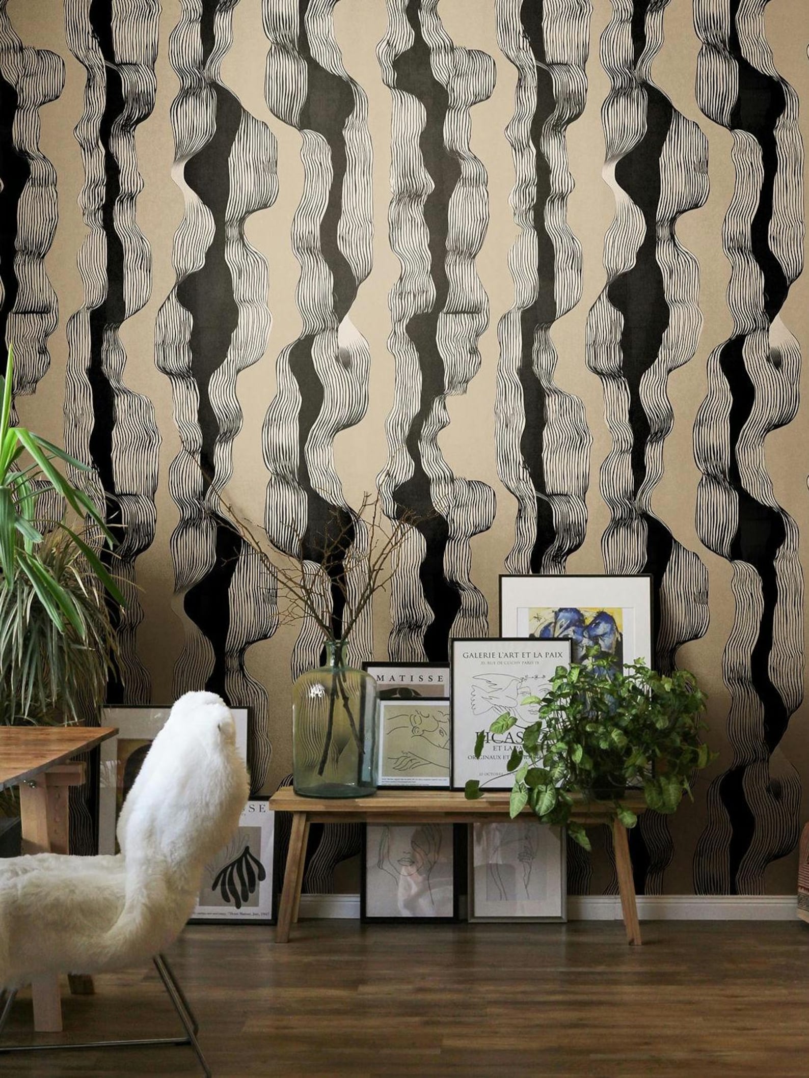 Wavy Stripe Wallpaper Sand & Soot | Black Beige Abstract Stripe (peel ...