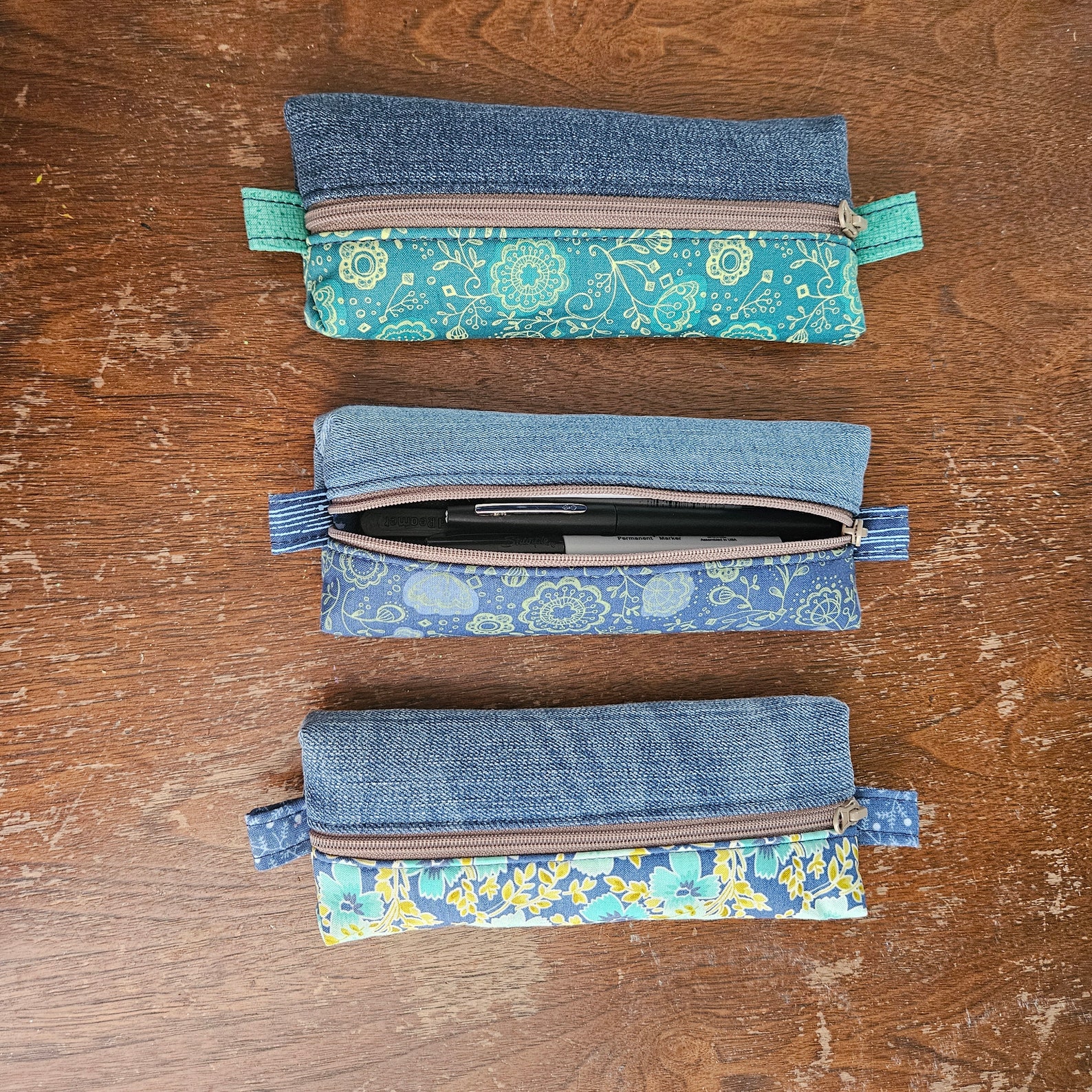 Upcycled Denim Boxy Pencil Case, Petite Zipper Pouch in Shades of Blue ...