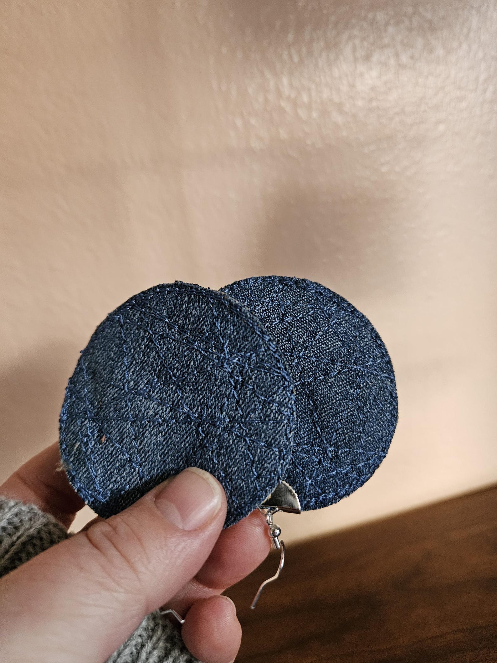 Large Modern Circle Patchwork Denim and Fabric Sterling Silver Earrings, Big Round Statement ...