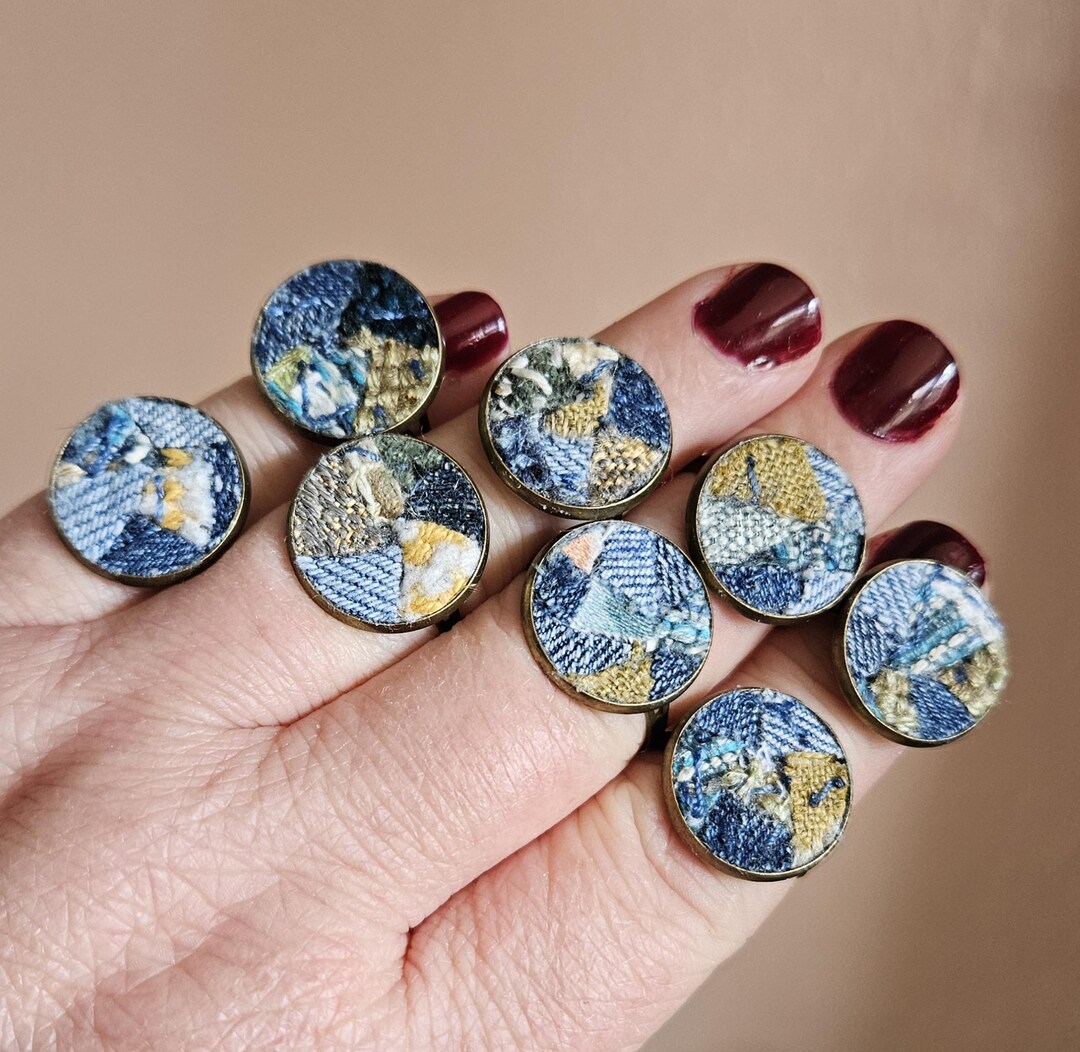 Patchwork Denim and Fabric Ring, Antique Bronze Adjustable Ring Band ...