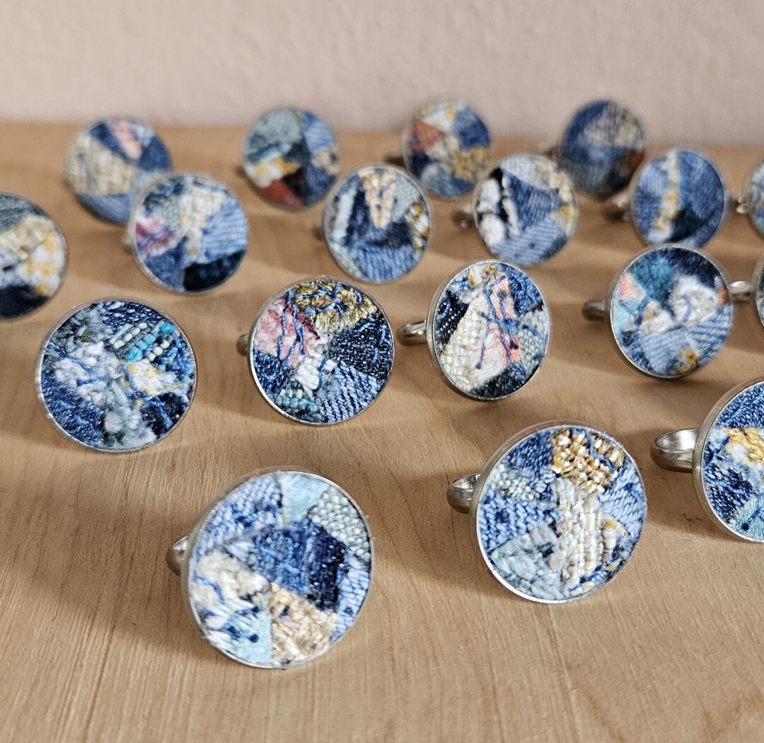 Patchwork Denim and Fabric Ring, Antique Bronze Adjustable Ring Band ...