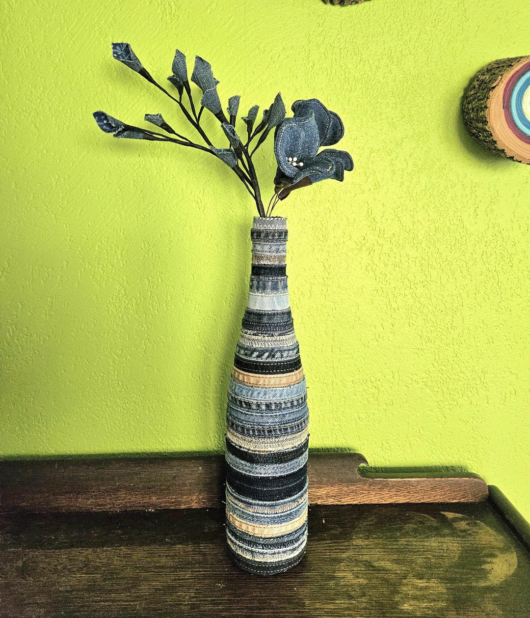 Fabric Flower Boquet in Recycled Denim Glass Bottle Vase, Upcycled ...