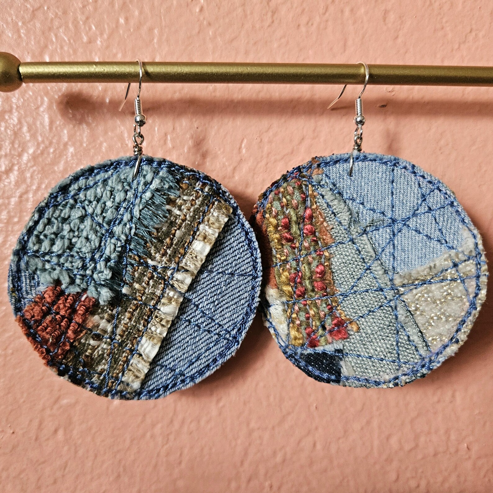 Large Modern Circle Patchwork Denim and Fabric Sterling Silver Earrings, Big Round Statement ...