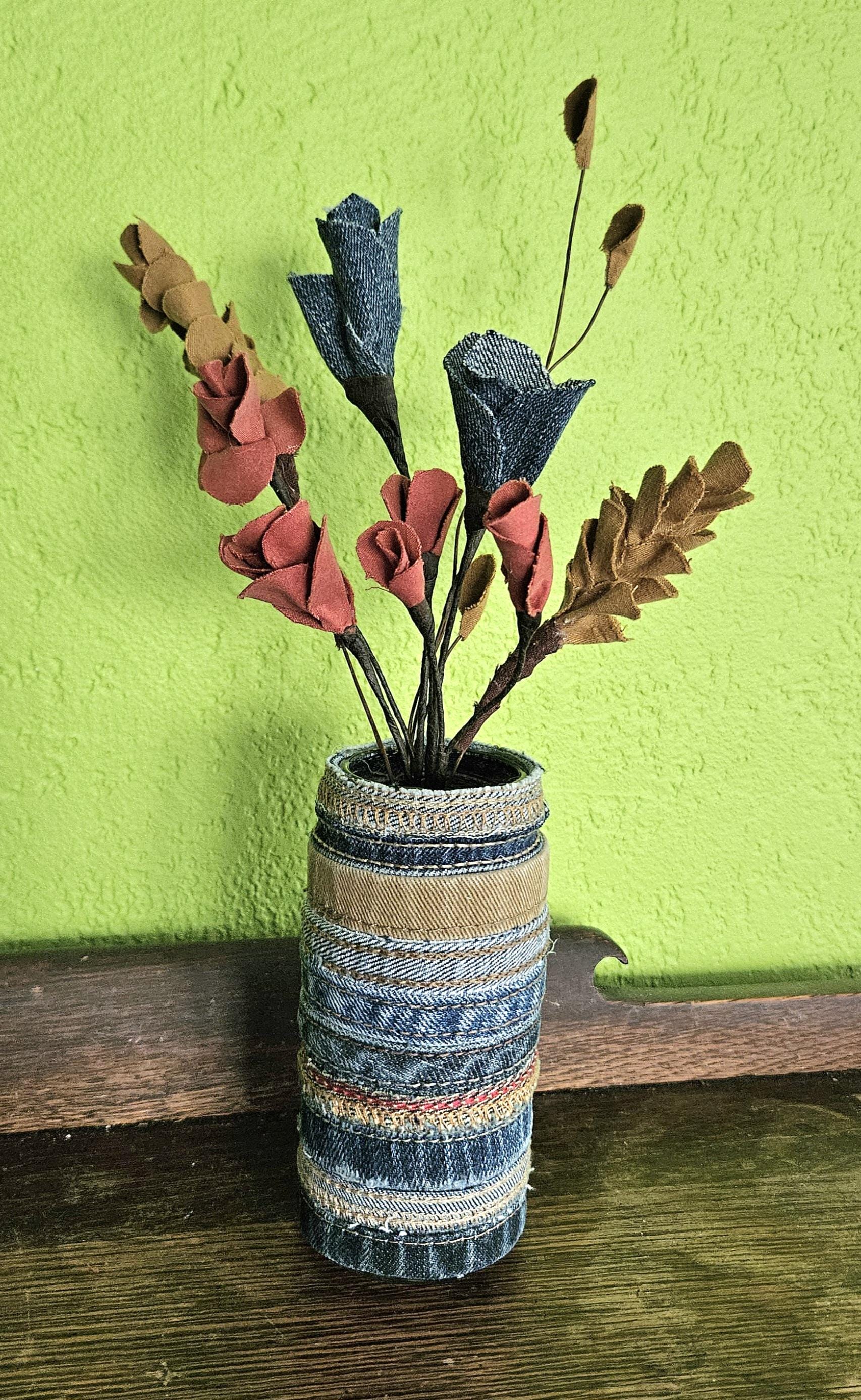 Unique Recycled Denim Vase With Handmade Fabric Flowers, Fall Floral ...