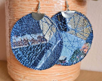 Large Modern Circle Patchwork Denim and Fabric Sterling Silver Earrings, Big Round Statement ...
