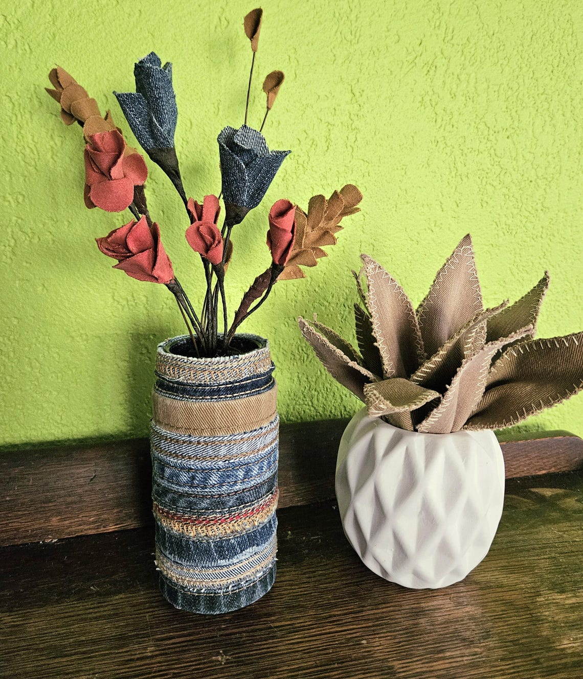 Unique Recycled Denim Vase With Handmade Fabric Flowers, Fall Floral ...