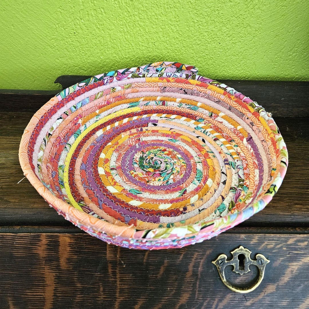 Upcycled Fabric Rope Bowl, Bright Pink and Purple Coiled Fabric Basket ...