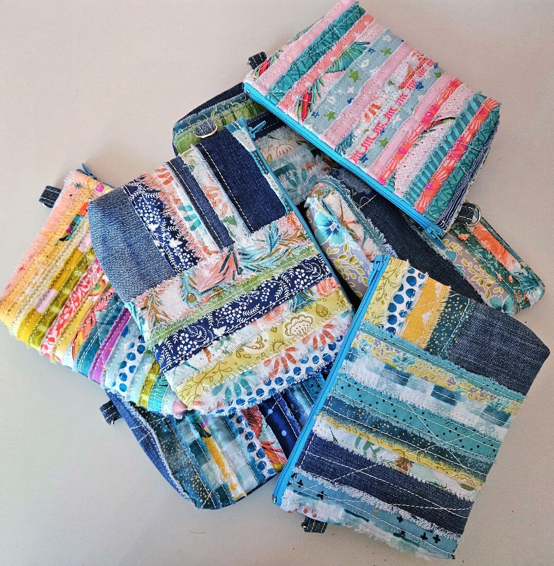 Small Patchwork Fabric Zipper Pouch, Raw Edge Fabric Cosmetic or Phone ...