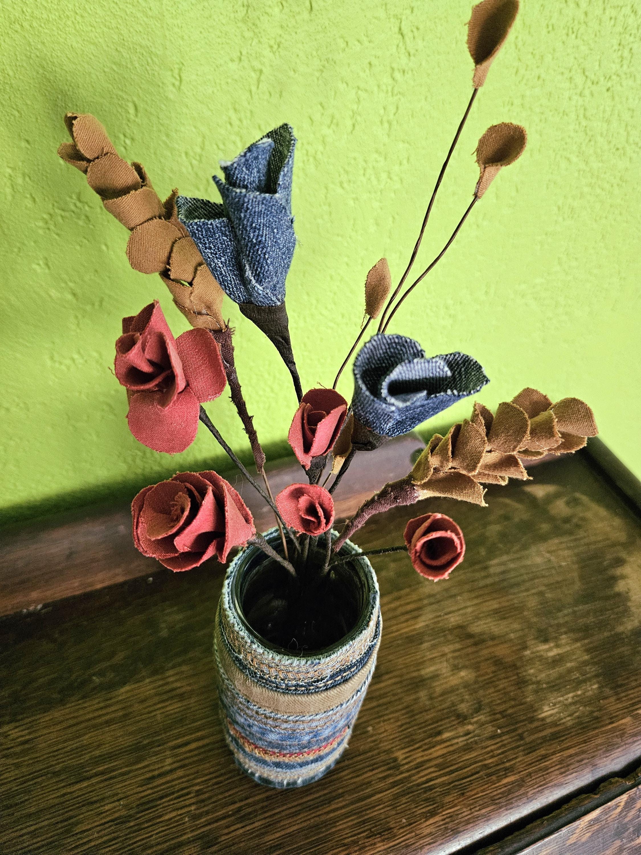 Unique Recycled Denim Vase With Handmade Fabric Flowers, Fall Floral ...