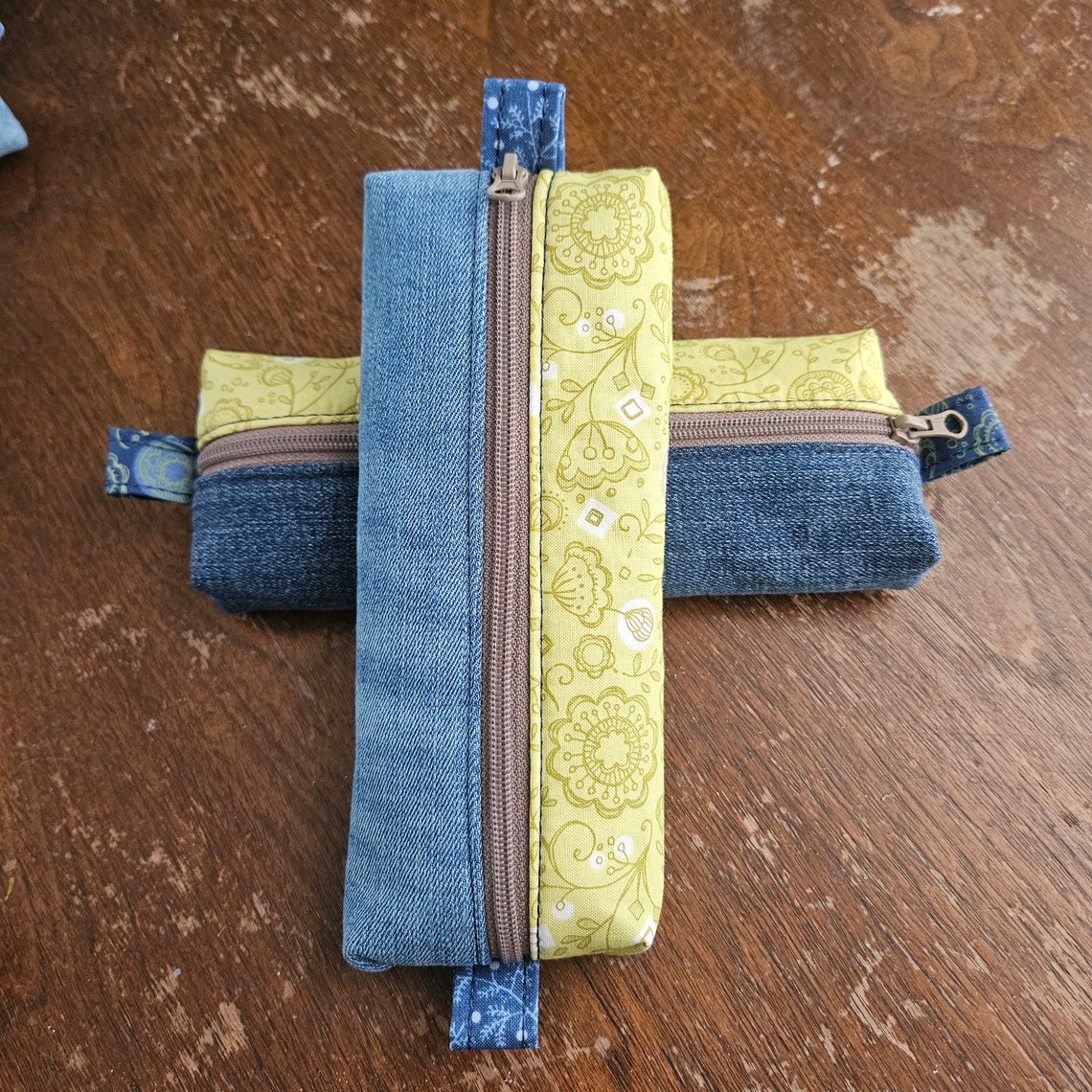Upcycled Denim Boxy Pencil Case, Petite Zipper Pouch in Shades of Blue ...