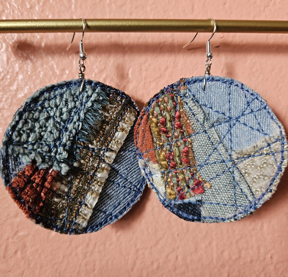 Large Modern Circle Patchwork Denim and Fabric Sterling Silver Earrings, Big Round Statement ...