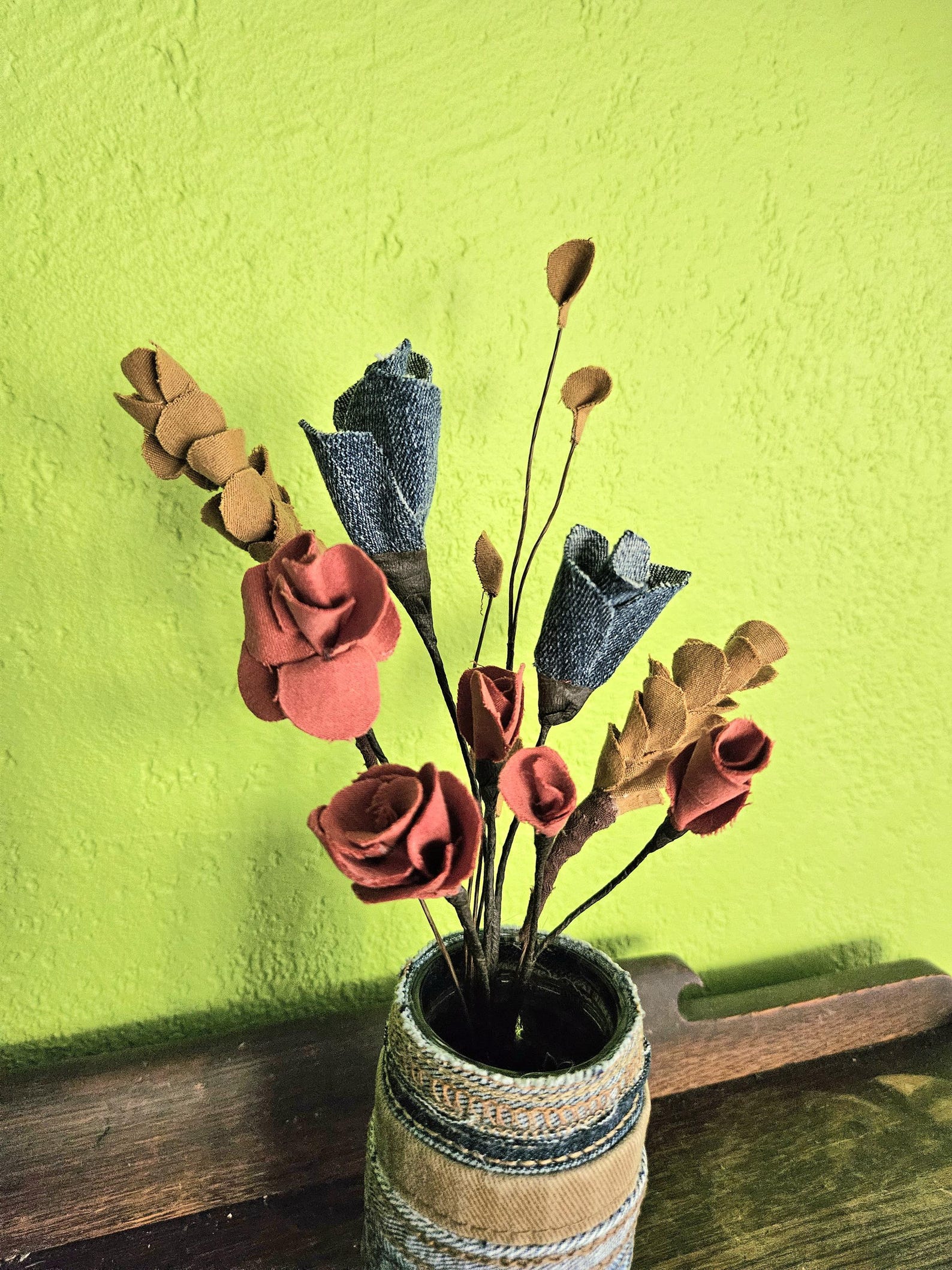 Unique Recycled Denim Vase With Handmade Fabric Flowers, Fall Floral ...