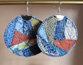 Large Modern Circle Patchwork Denim and Fabric Sterling Silver Earrings, Big Round Statement ...