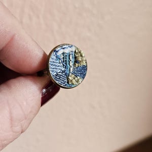 Patchwork Denim and Fabric Ring, Antique Bronze Adjustable Ring Band ...