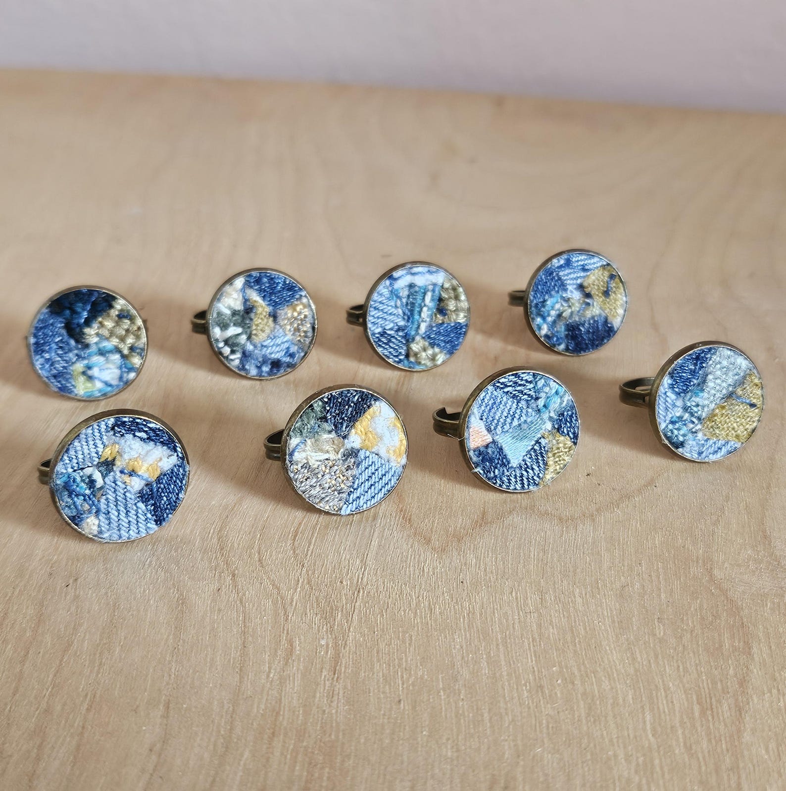 Patchwork Denim and Fabric Ring, Antique Bronze Adjustable Ring Band ...