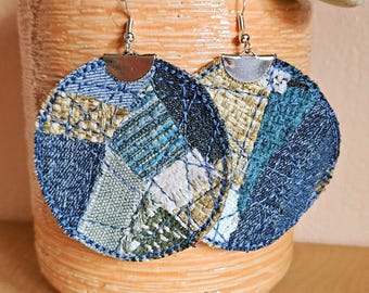 Large Modern Circle Patchwork Denim and Fabric Sterling Silver Earrings, Big Round Statement ...