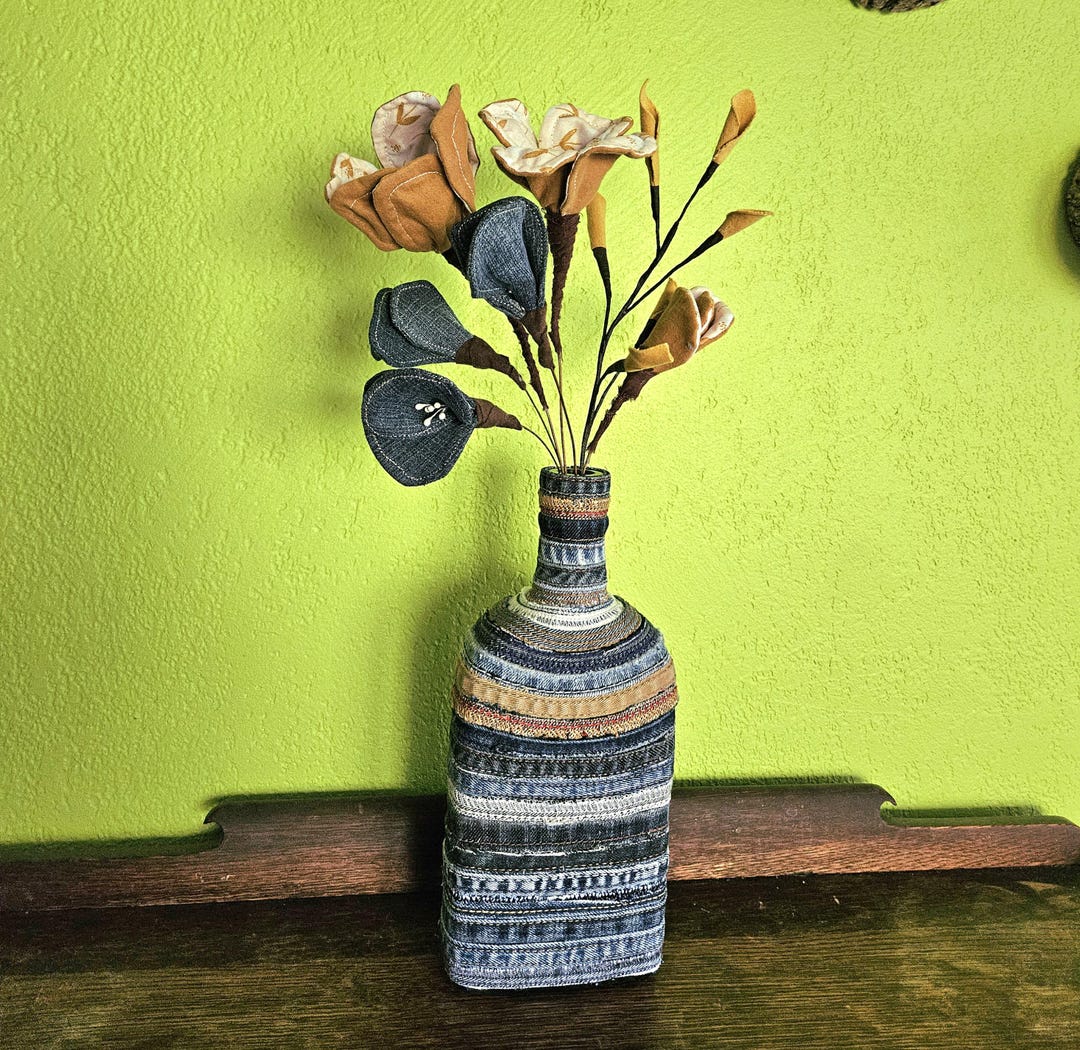 Fabric Flowers Boquet in Recycled Denim Glass Bottle Vase, Upcycled ...