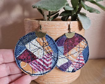Large Modern Circle Patchwork Denim and Fabric Sterling Silver Earrings, Big Round Statement ...