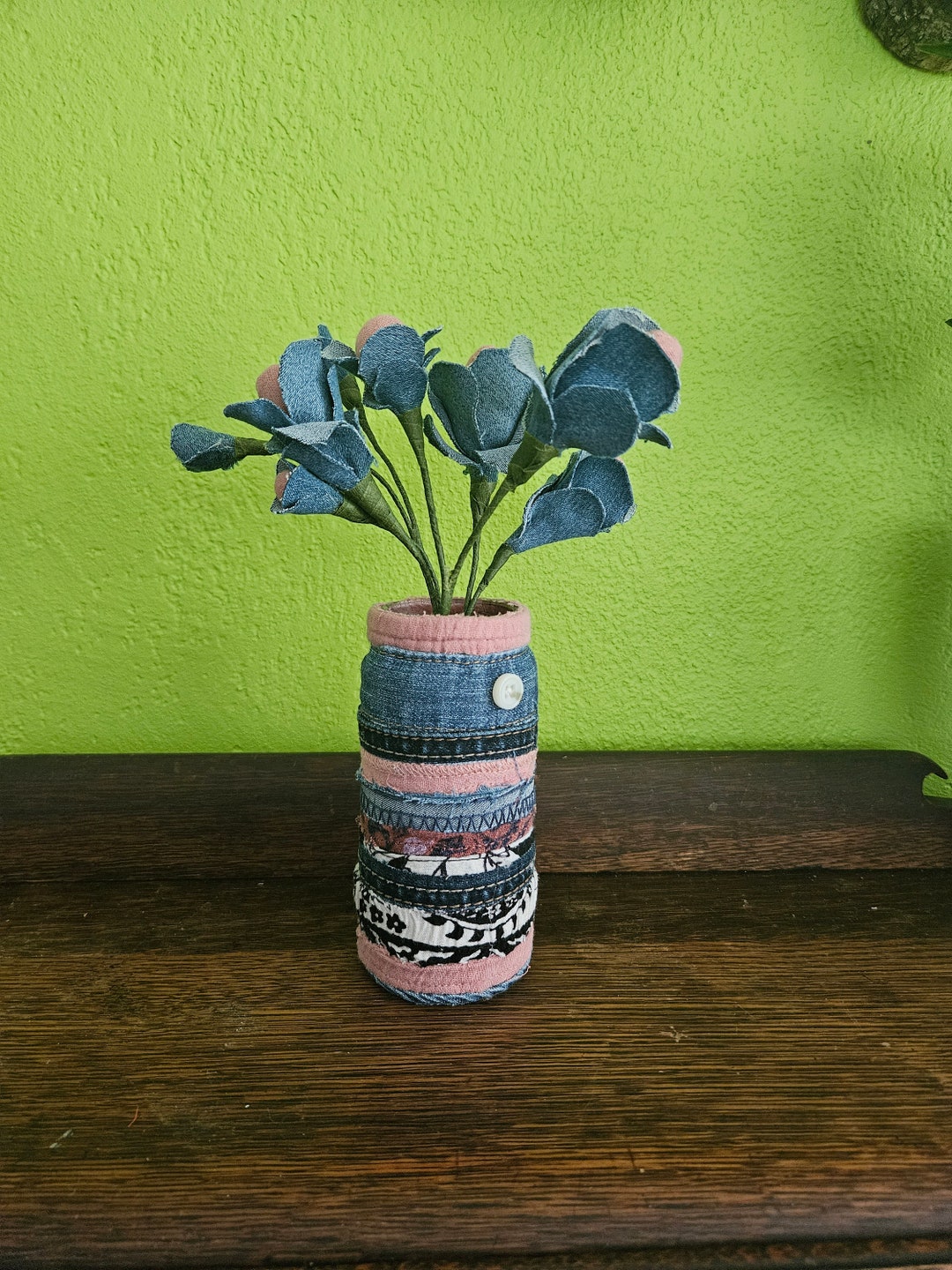 Unique Pink and Blue Vase With Handmade Fabric Flowers, Denim Flowers ...