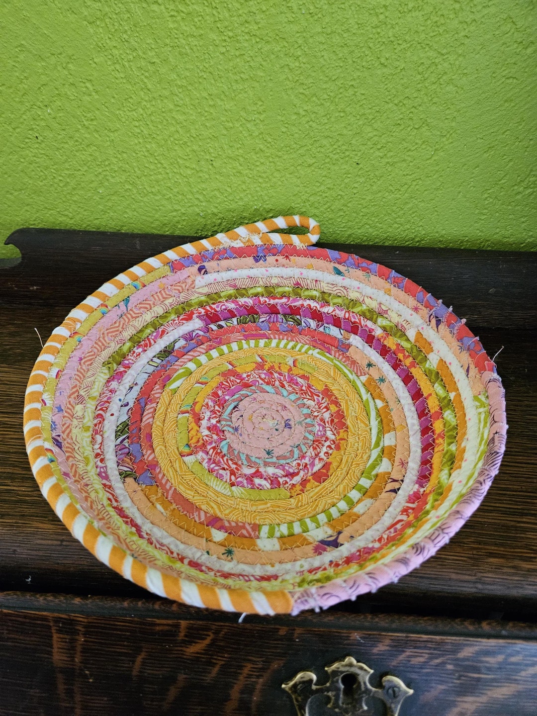Upcycled Fabric Rope Bowl, Bright Orange Pink and Green Coiled Fabric ...